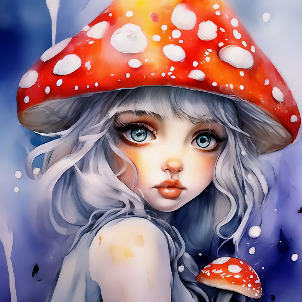 "Girl-pale toadstool, watercolor, big eyes, fluffy eyelashes, plump ...