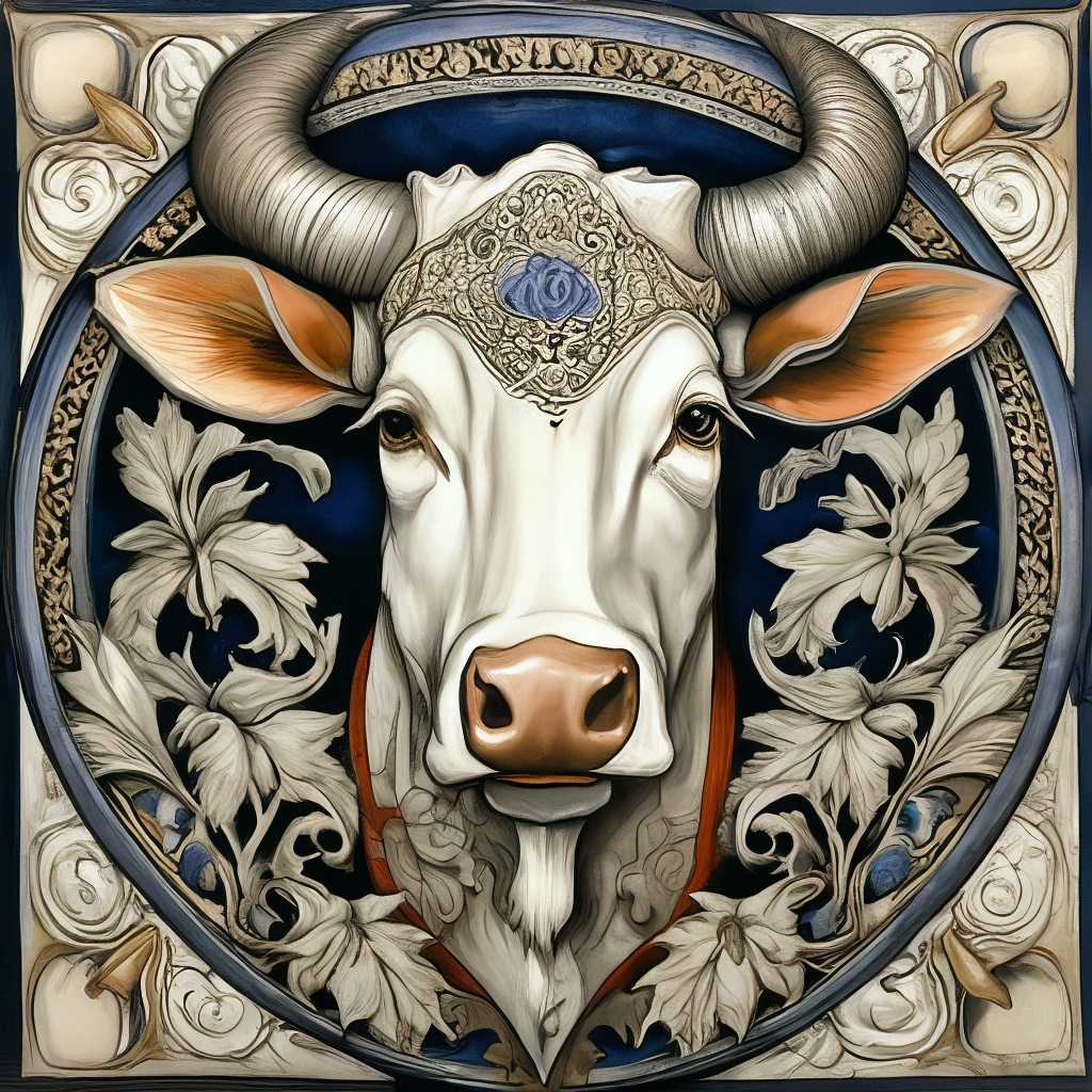 "Tile thin frame ancient scroll cow in Brueghel style Detailed drawing ...