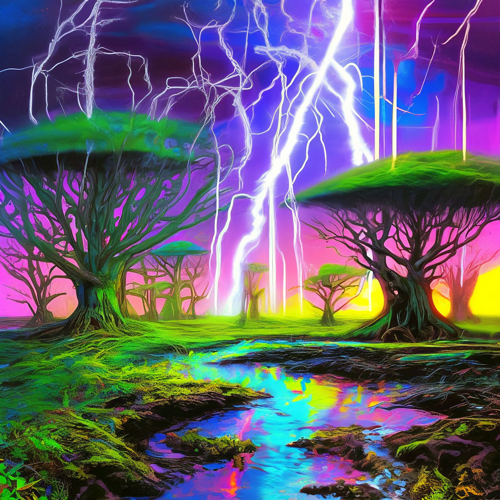 "Computer painting.Naturalism. ISO200 Alien spring, thunderstorm, neon ...