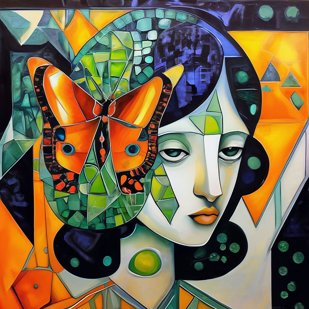 "Girl and butterfly, Dadaism, ink, acrylic, cubism, grotesque ...