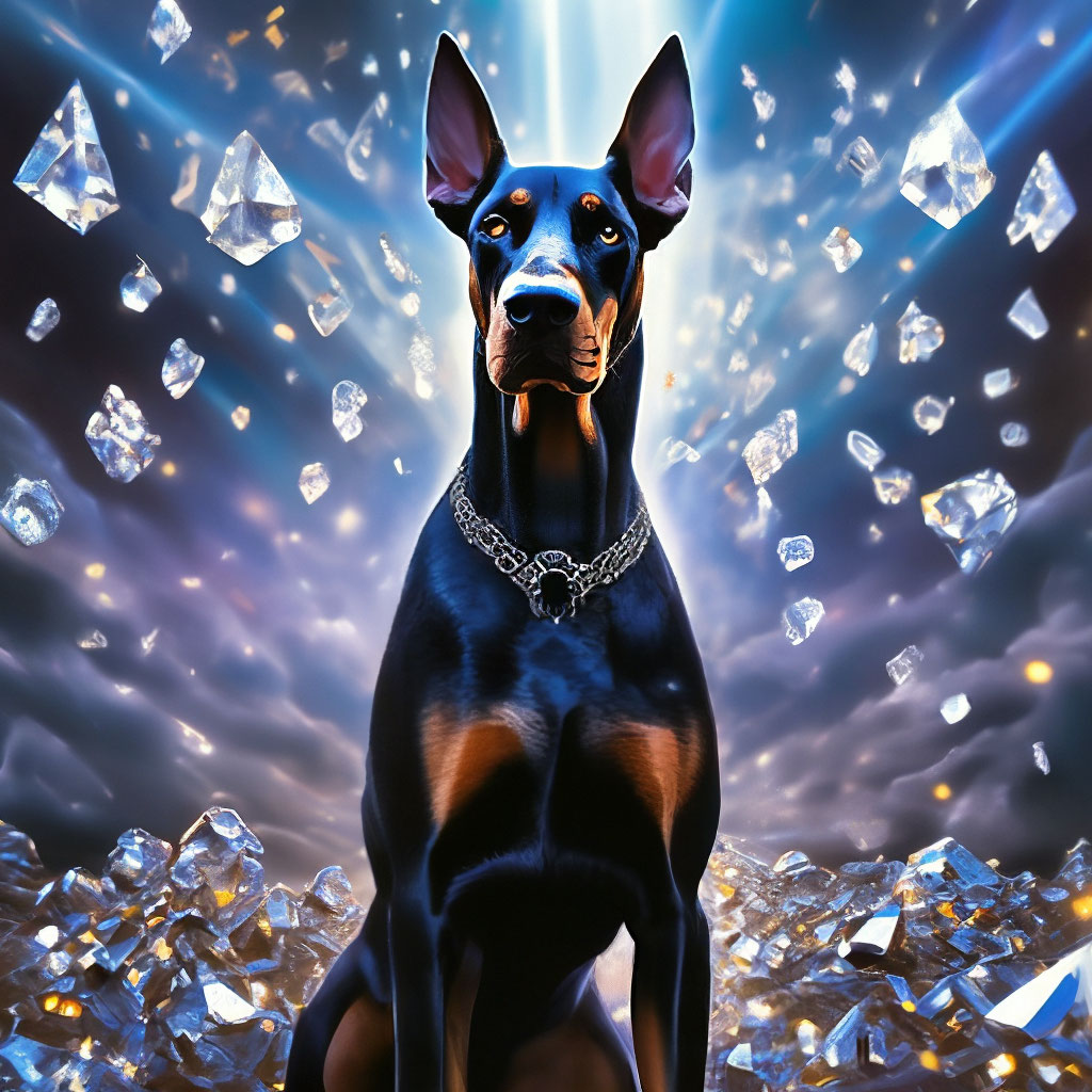 "Gothic, hyperrealism, enchanted, black Doberman, wind of diamonds ...