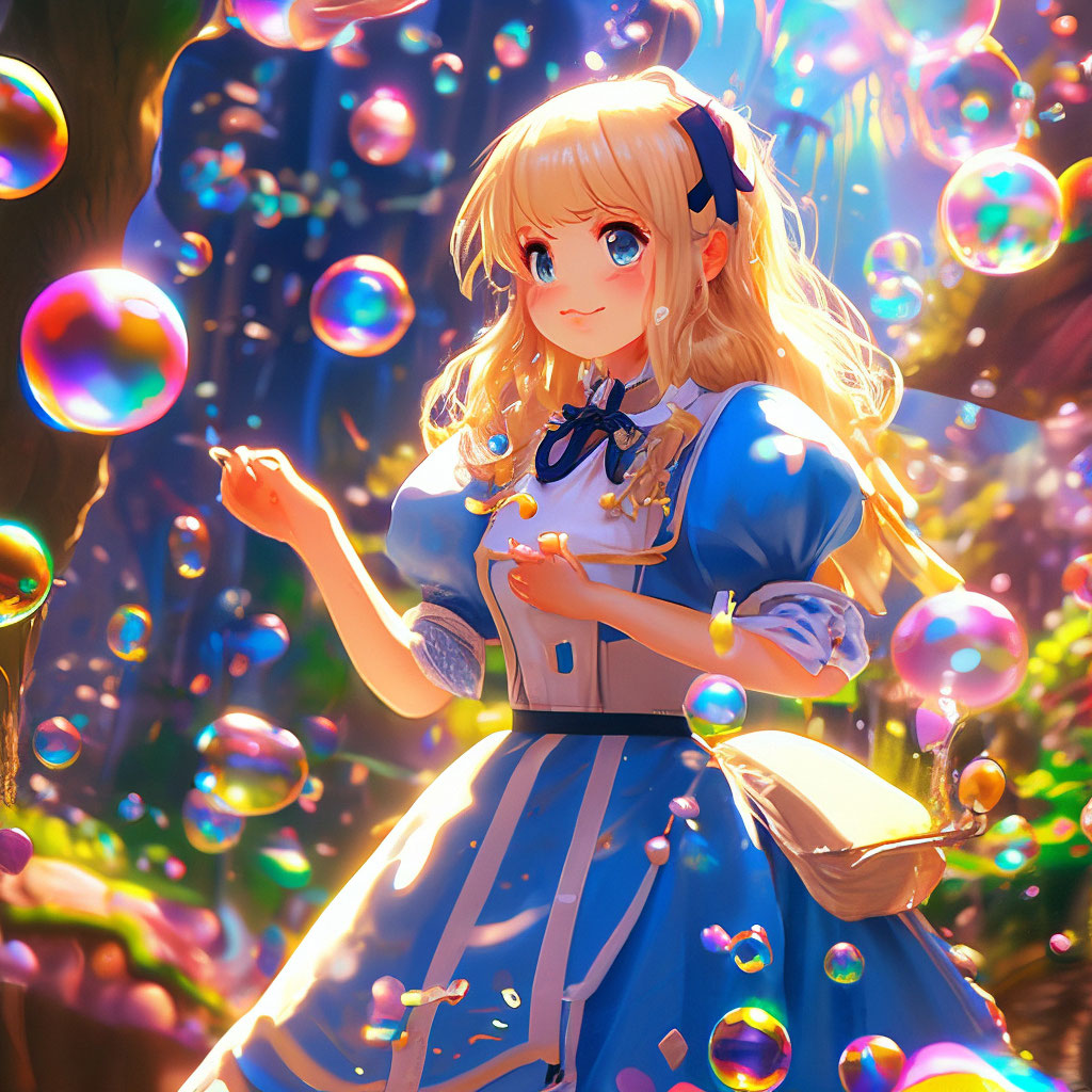 "Alice in the land of soap bubbles, bright lighting, anime style ...