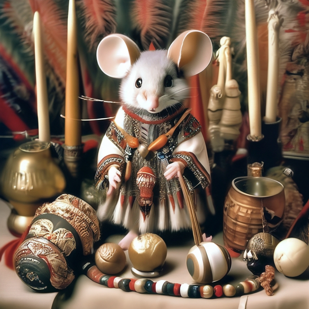 "Mouse in a dress aboriginal shaman tambourine fur feathers beads ...