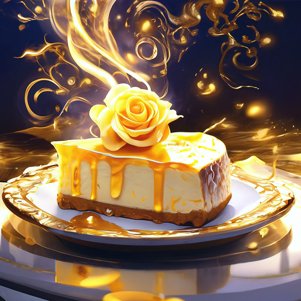 "☕ Cheesecake with a lace golden pattern, delicious, lies on a saucer ...