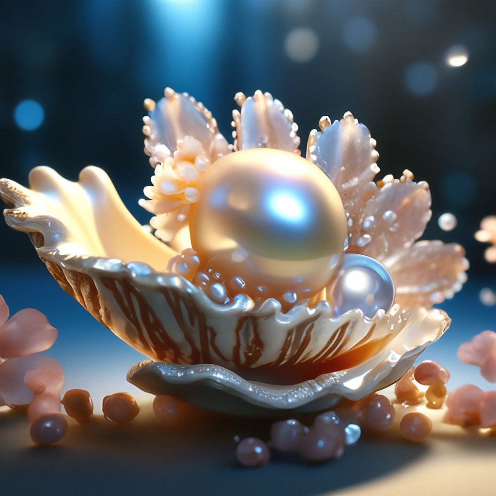 "Hyperdetalized mother-of-pearl pearl shell, crystal flowers and light ...