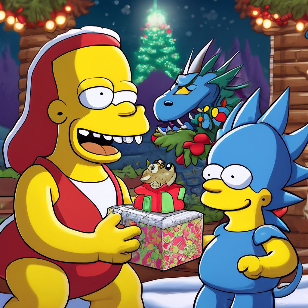 "Simpsons and dragon, christmas" — image created in Shedevrum