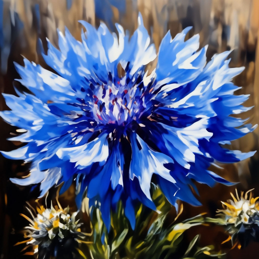 "Cornflower flower, oil paints, artist's brushstrokes are visible ...