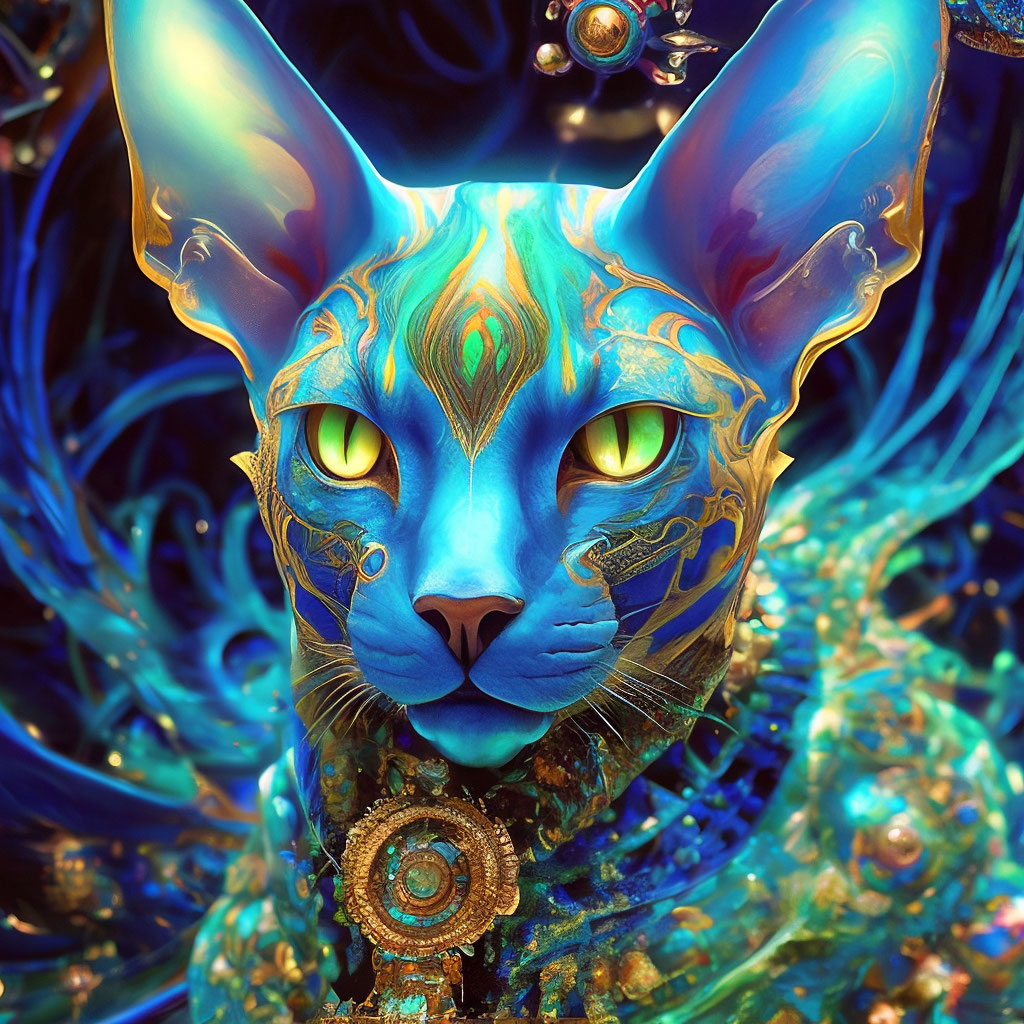 "The sphinx cat consists of blue, green and blue fractals. Black ...