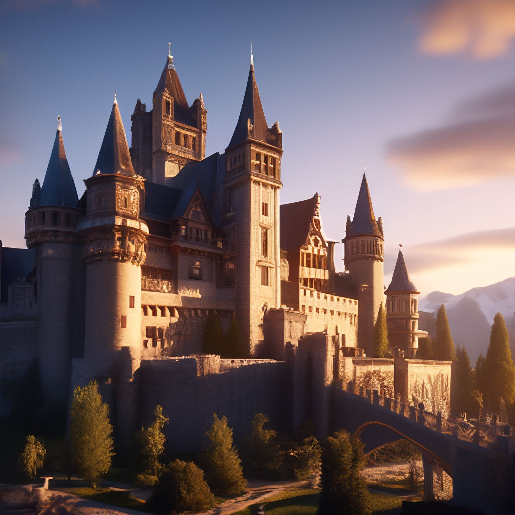 "Large medieval castle with all the smallest details, soft light ...