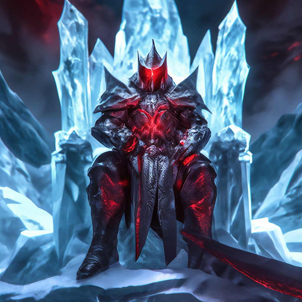 "A dark ice lord with red glowing eyes sits on an ice throne in the ...