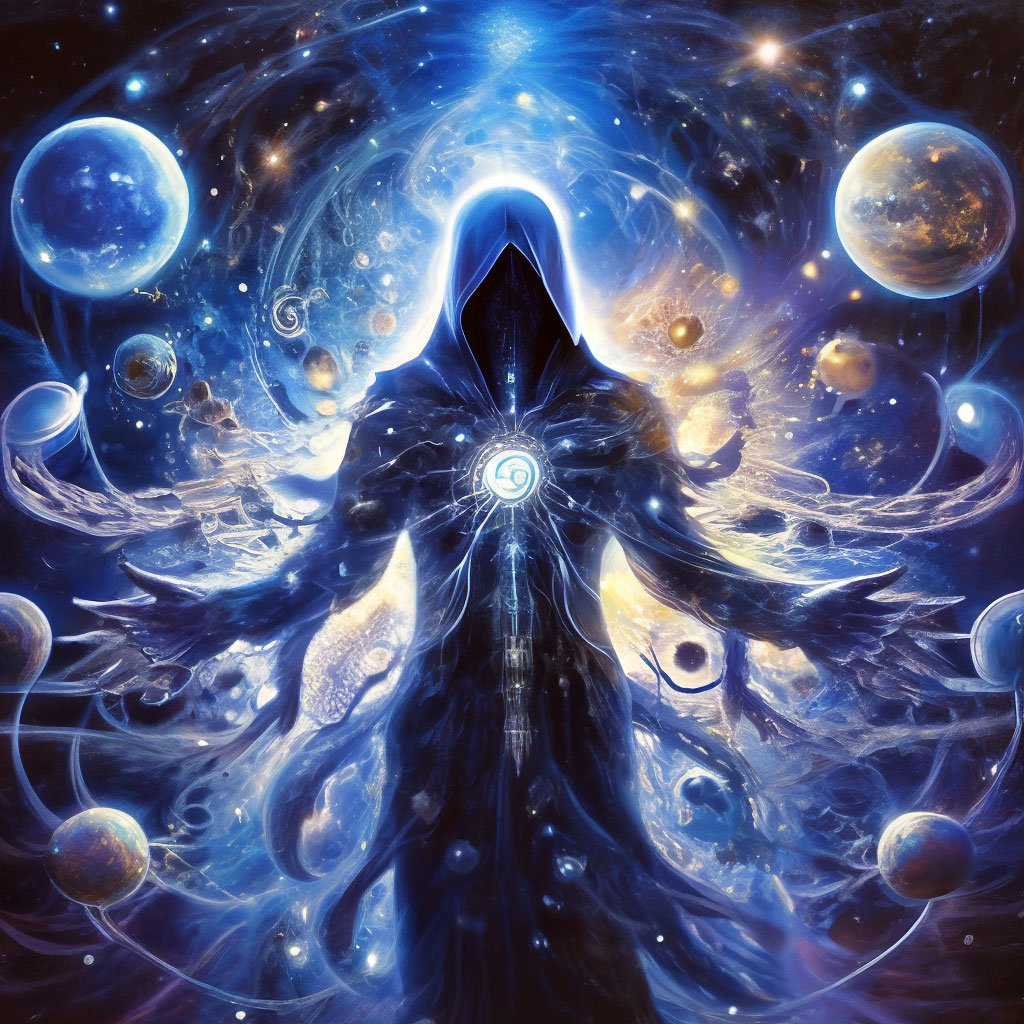 "Cosmos, dark blue silhouette of the spirit, many hands of the ...