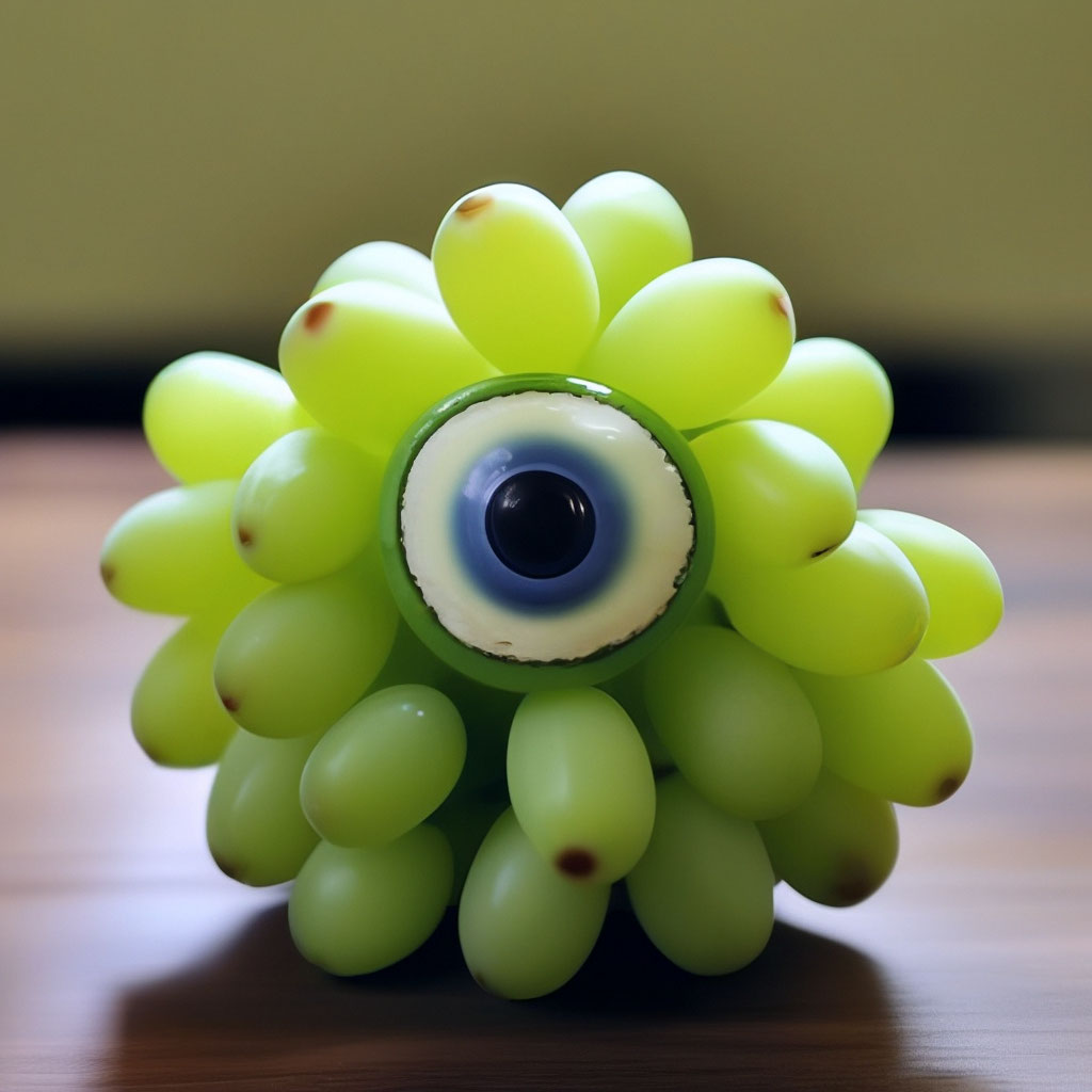 "Creep fluffy grapes with eyes HUMOR" — image created in Shedevrum