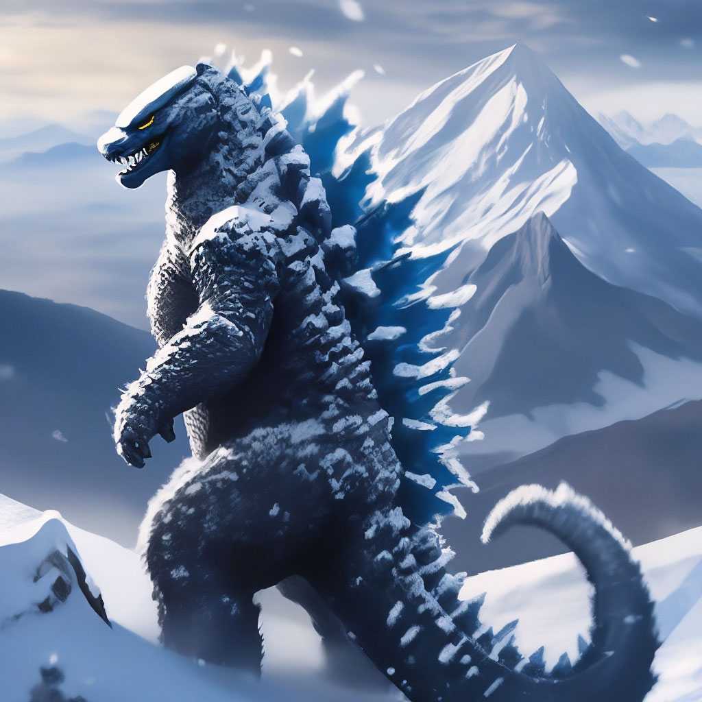"Snow-covered godzilla stands near the mountain,snow,mountain,godzilla ...