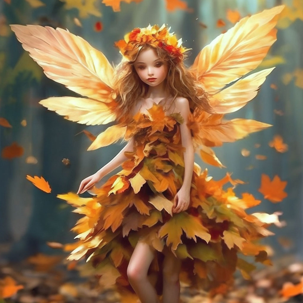 "A tiny autumn fairy with thin wings and a dress made of autumn leaves ...