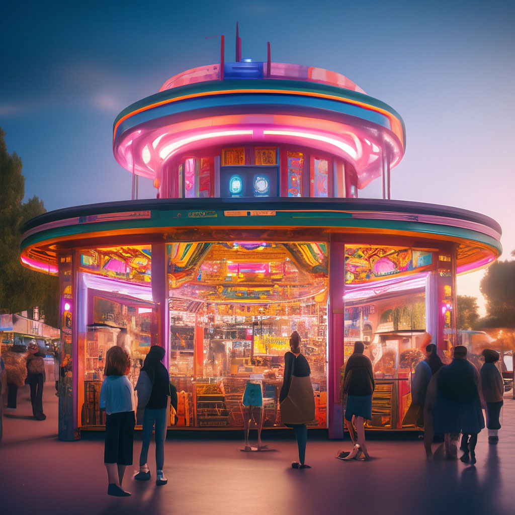 "Fairground booth with people on the square, aesthetically pleasing ...