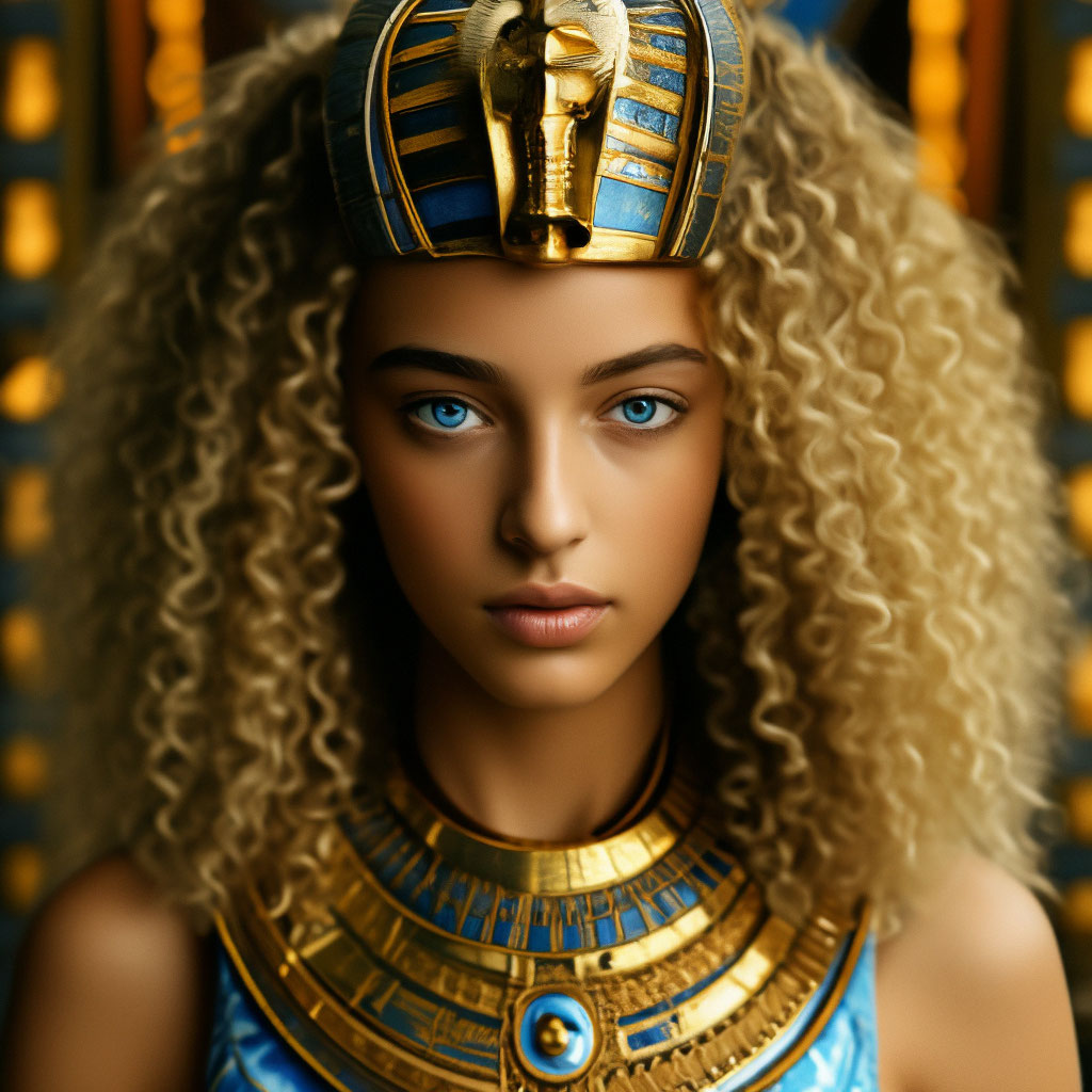"Tutankhamun, tombs, blonde girl with curly hair, bright blue eyes ...