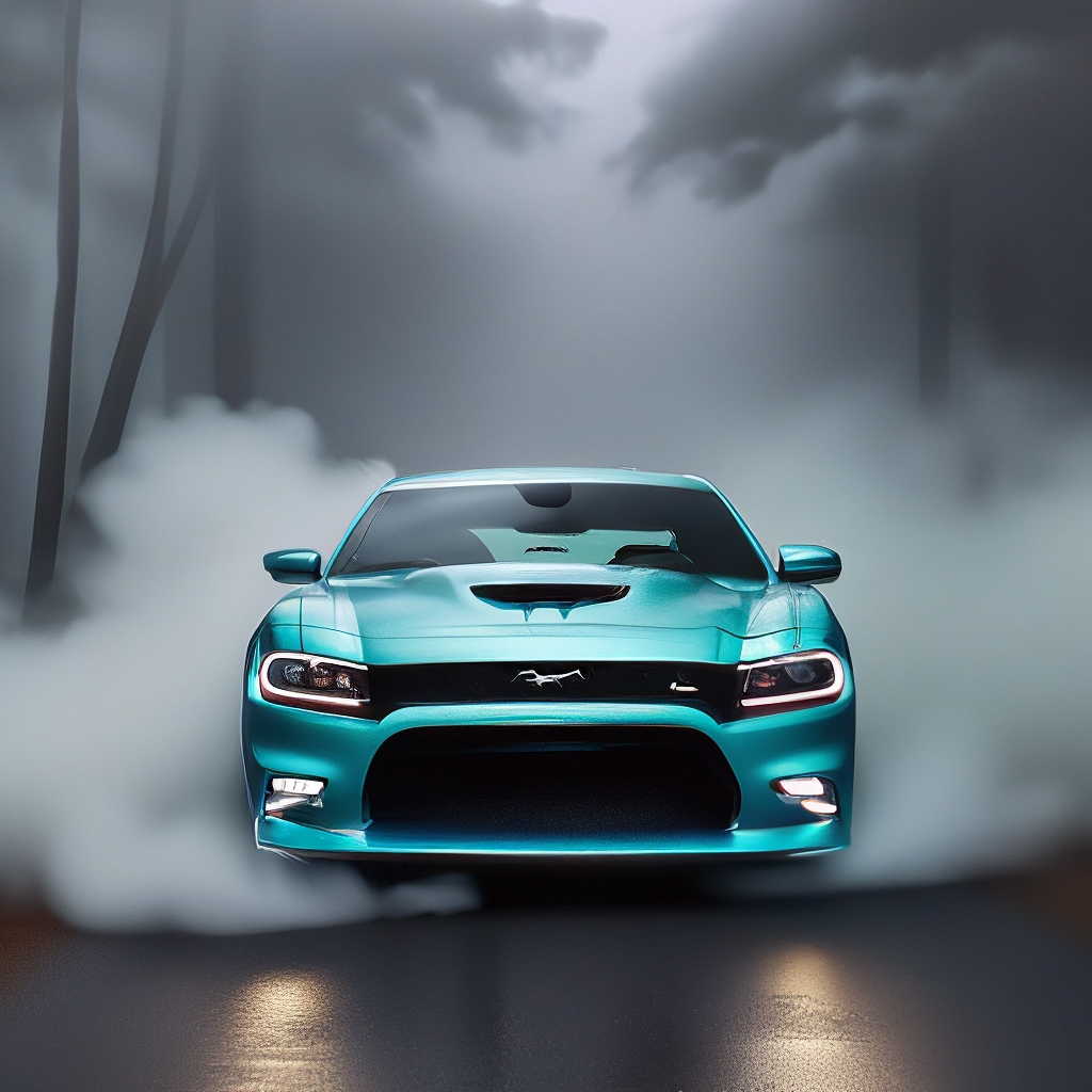 "Coherent, matte turquoise Dodge Charger SRT 2017, in a cloud of smoke ...