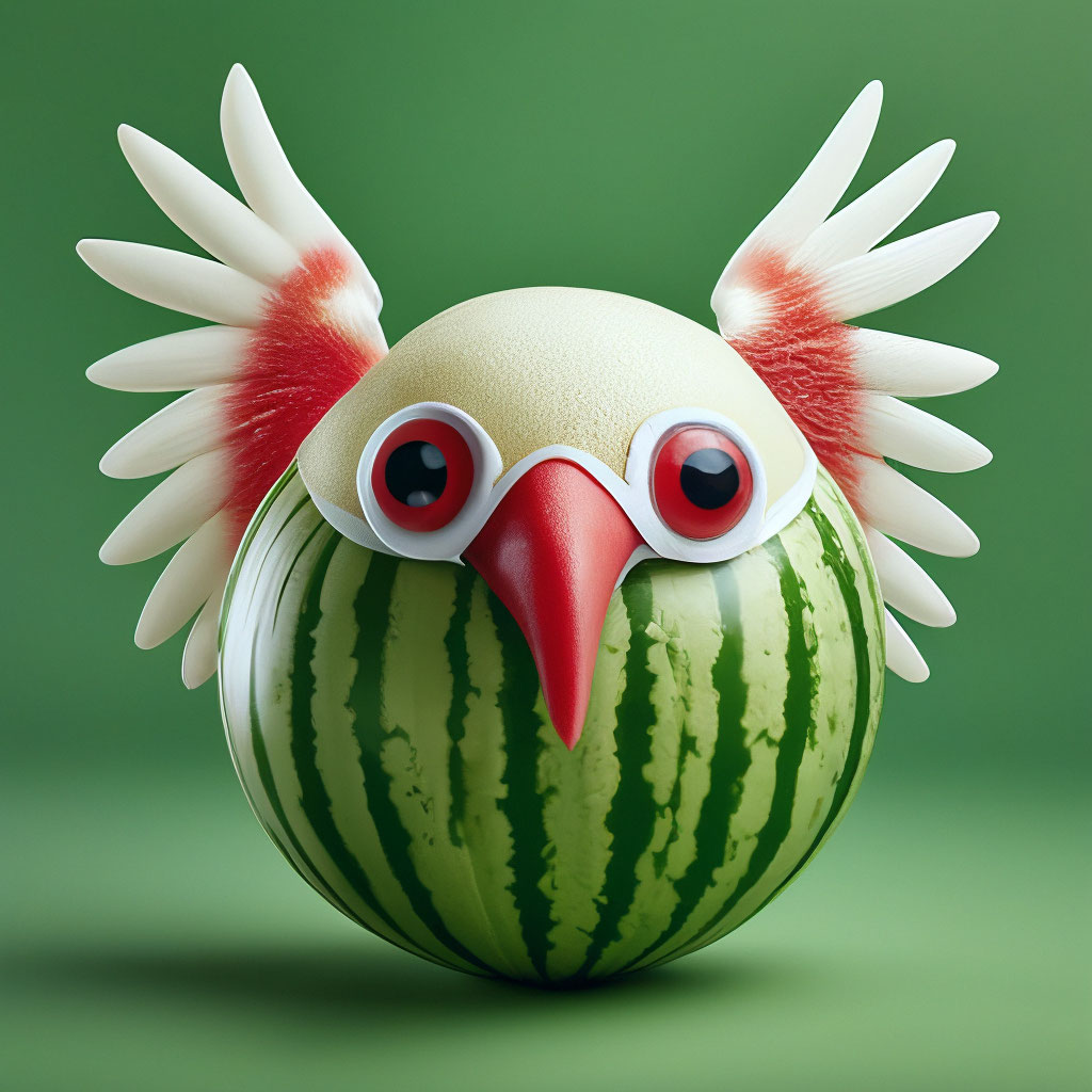 "A flying round watermelon with white bird wings, large round eyes and ...