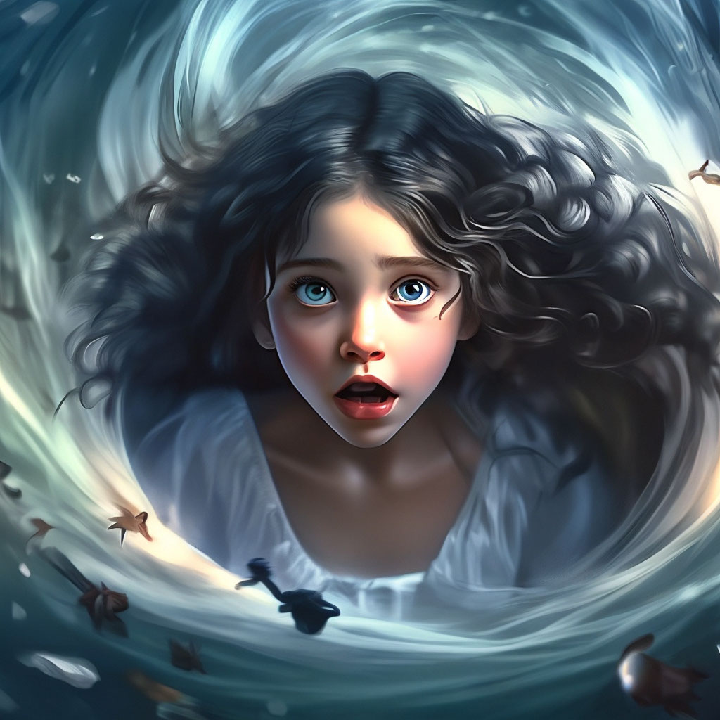 "A beautiful girl in fear and horror on her face, long dark curls ...