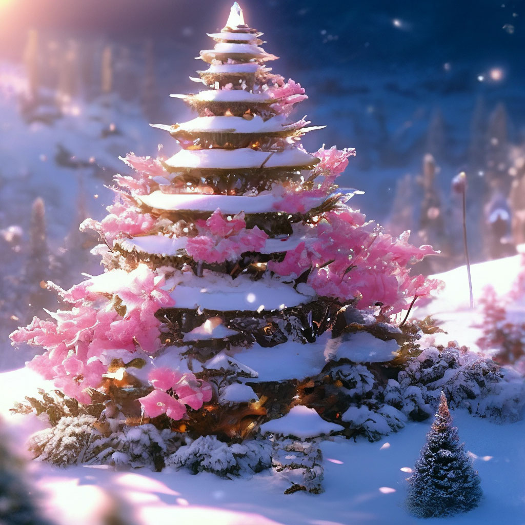 "🤍 Japanese, Surrealism, magic, Fantasy, Christmas tree, decorated with ...