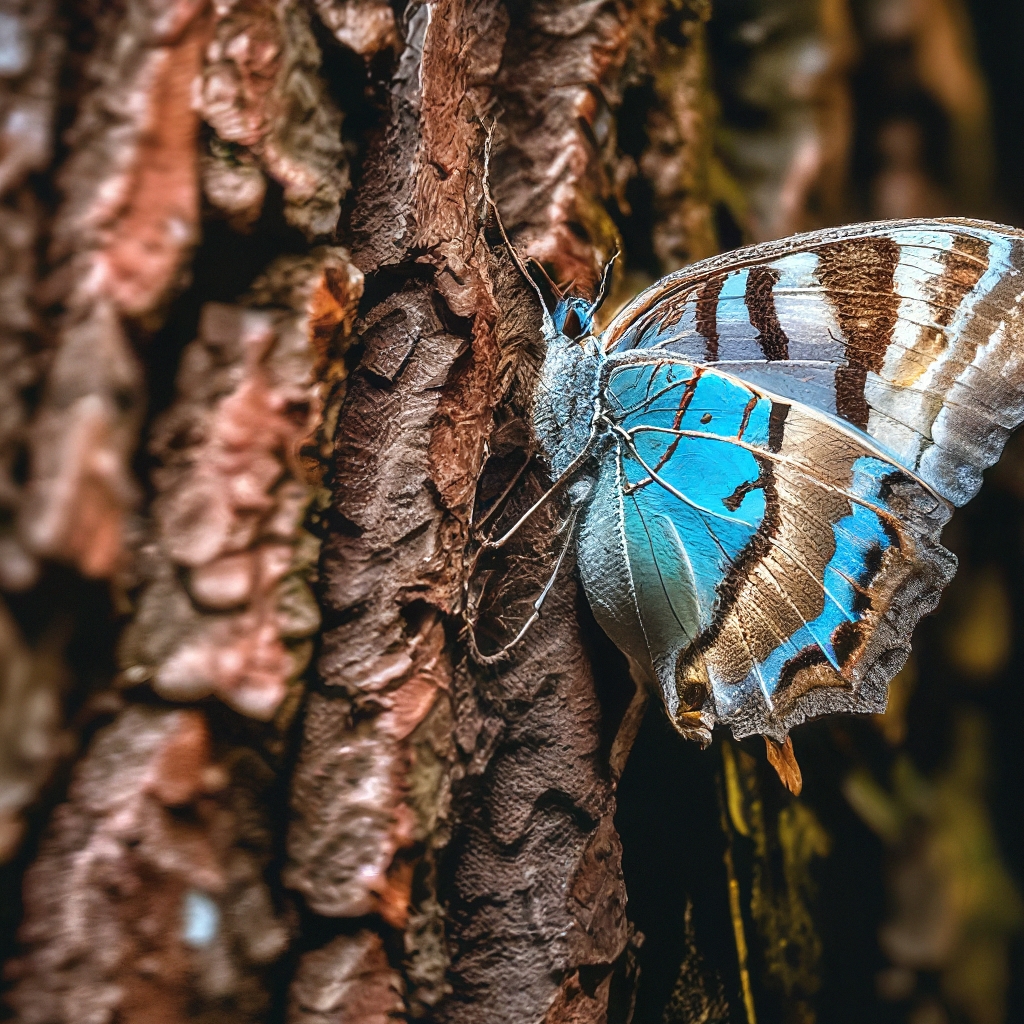 "Pine tree, butterfly sitting on the bark, tree structure, 1/250s, f ...
