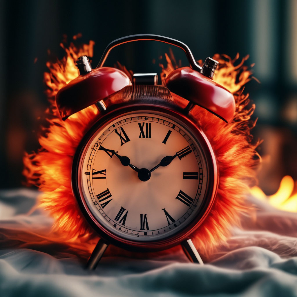 "Fluffy red alarm clock with fire lighting" — image created in Shedevrum