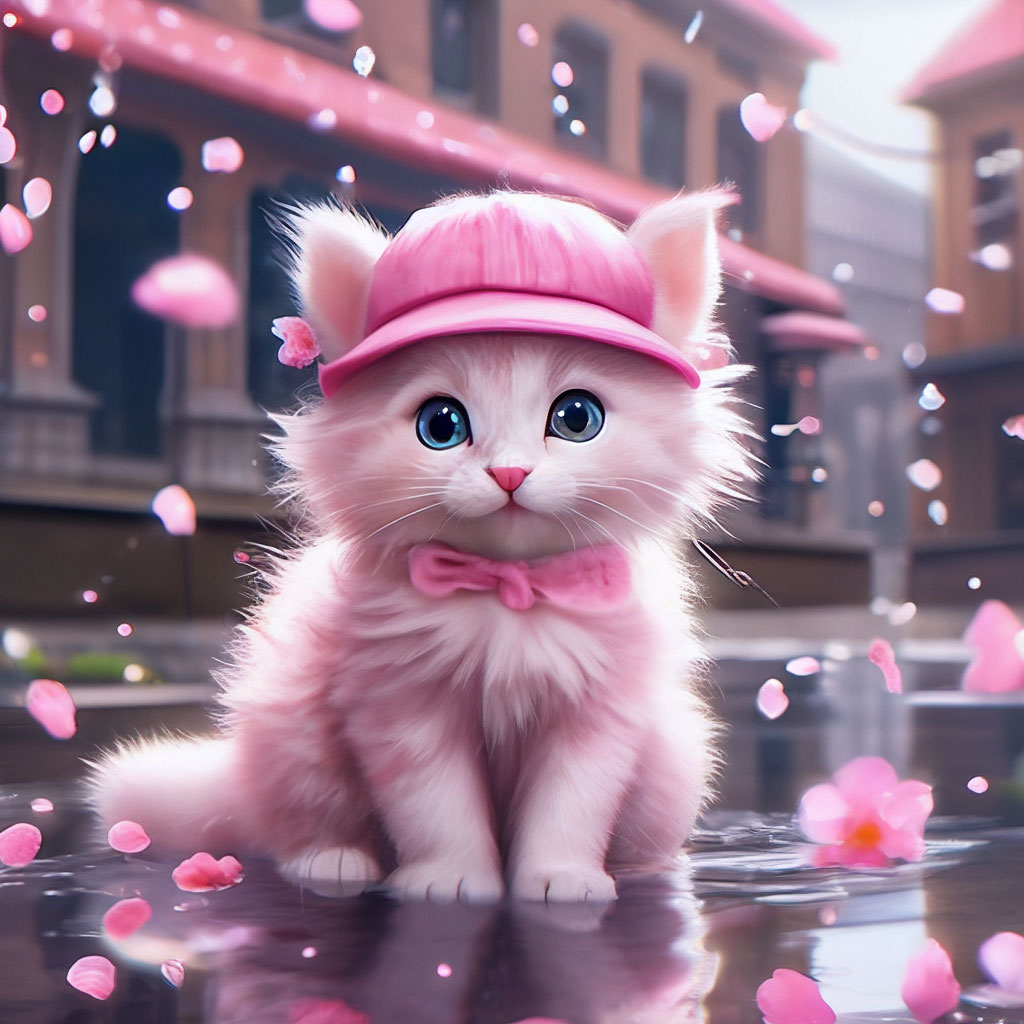 "Realistic tiny fluffy baby light pale pink cat,sit near a puddle of ...
