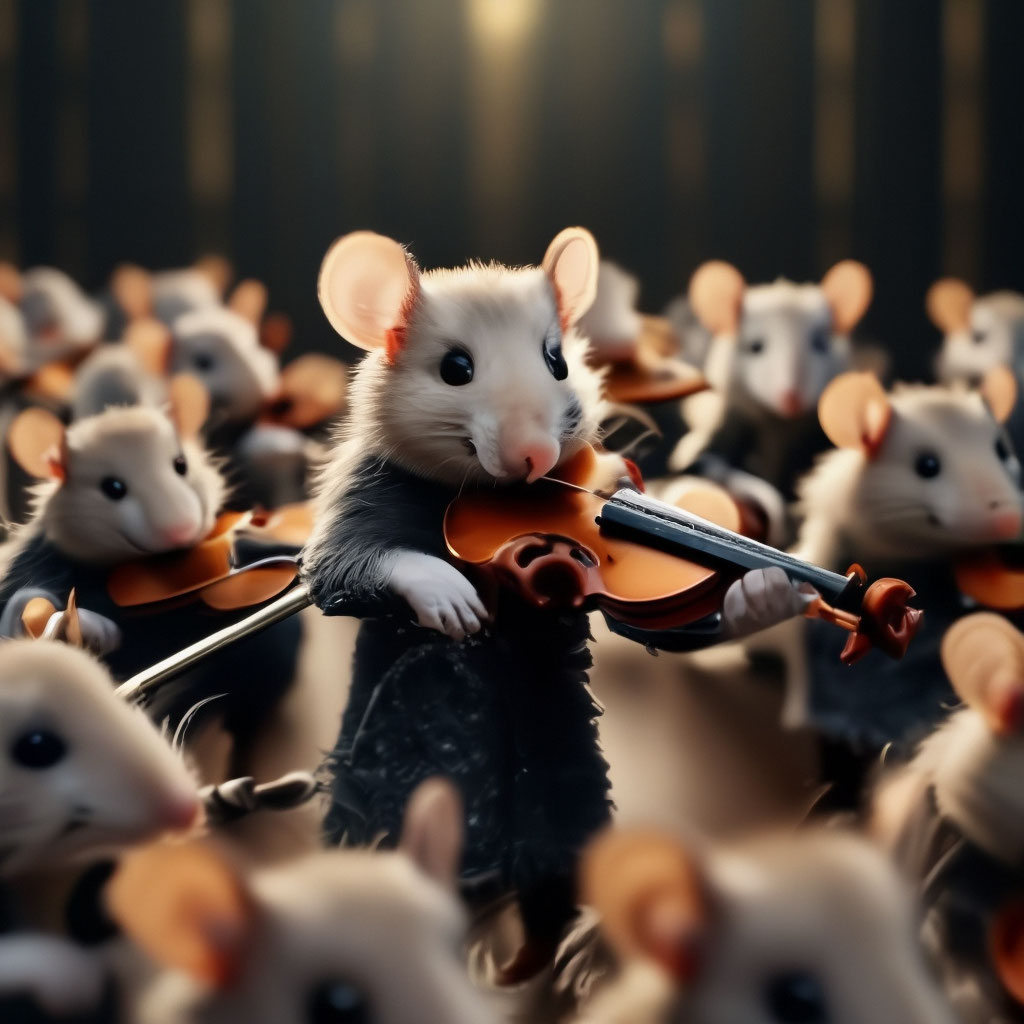 "A hundred mice play violins in an orchestra" — image created in Shedevrum
