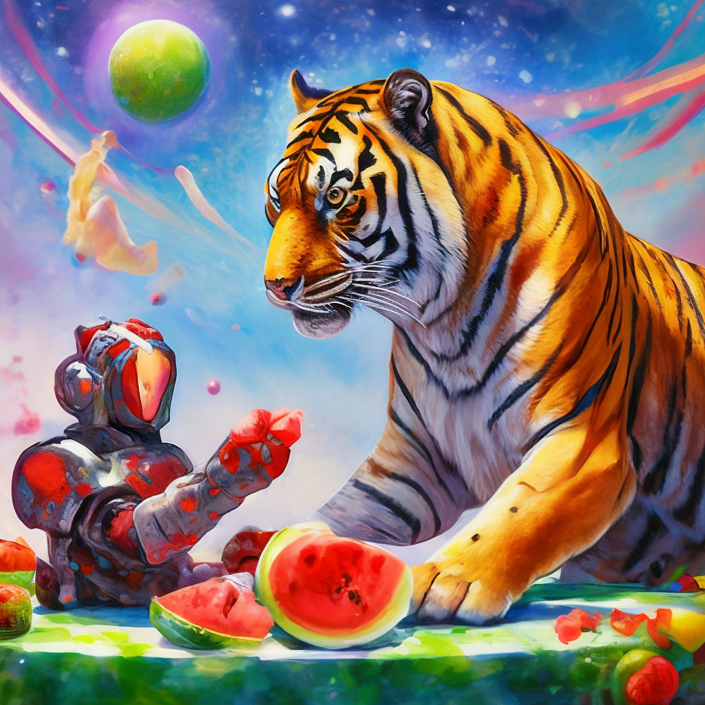 "Hypernatural Mega realism, alpha male robot is huge, Bengal tiger ...