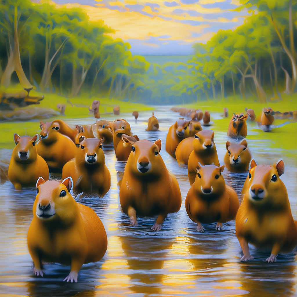 "A flock of capybaras" — image created in Shedevrum