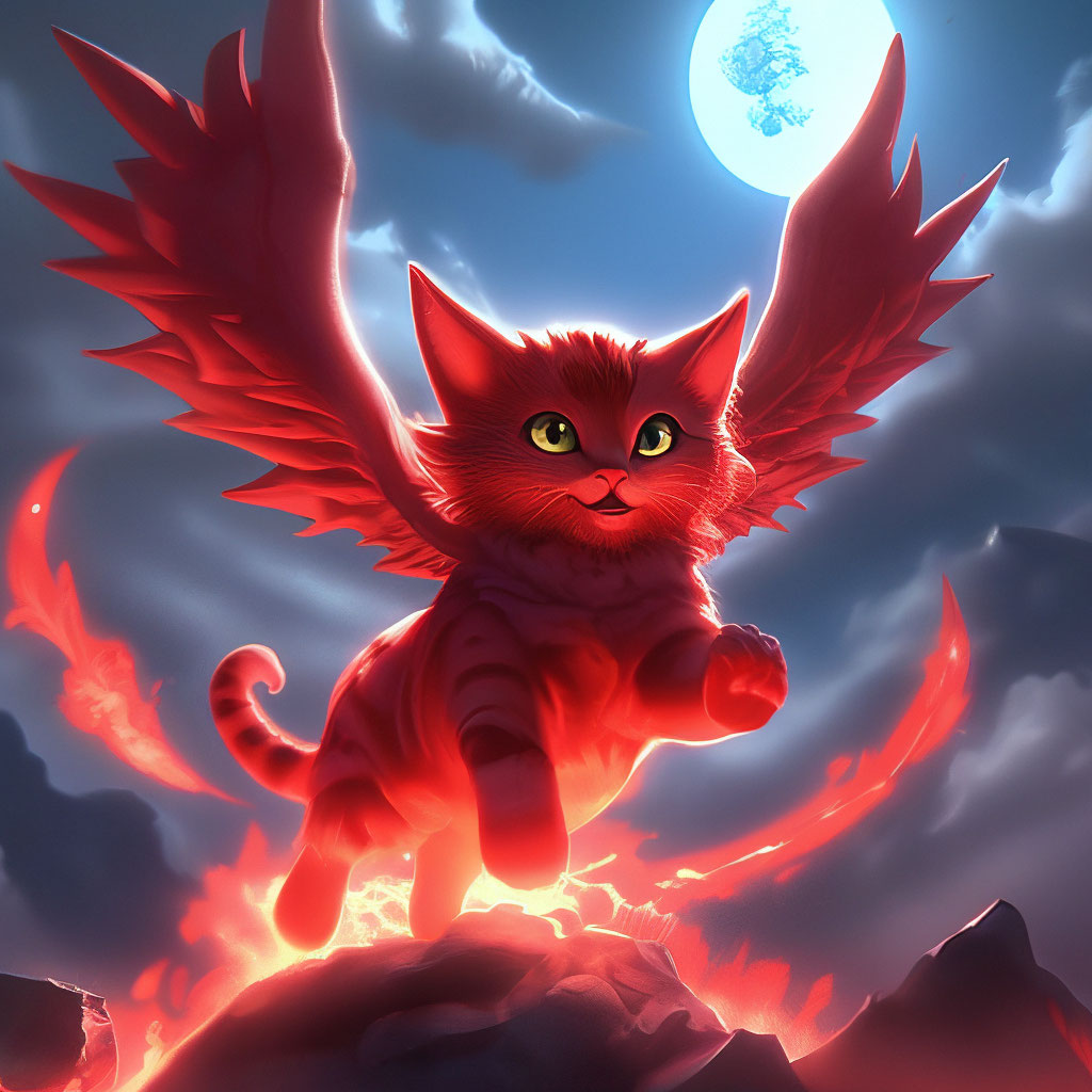 "A cute demon cat is flying over the lava. Moon. Hyper fluffiness ...