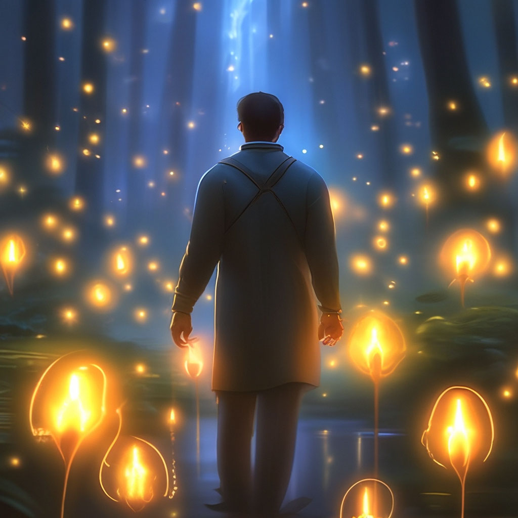 "A man is a firefly, there are a lot of glowing laterns on the body ...