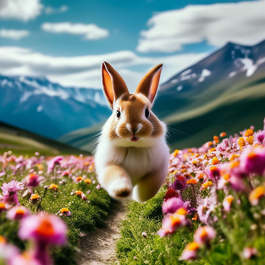 "Adventure photo of a fluffy bunny on the run, background of mountains ...