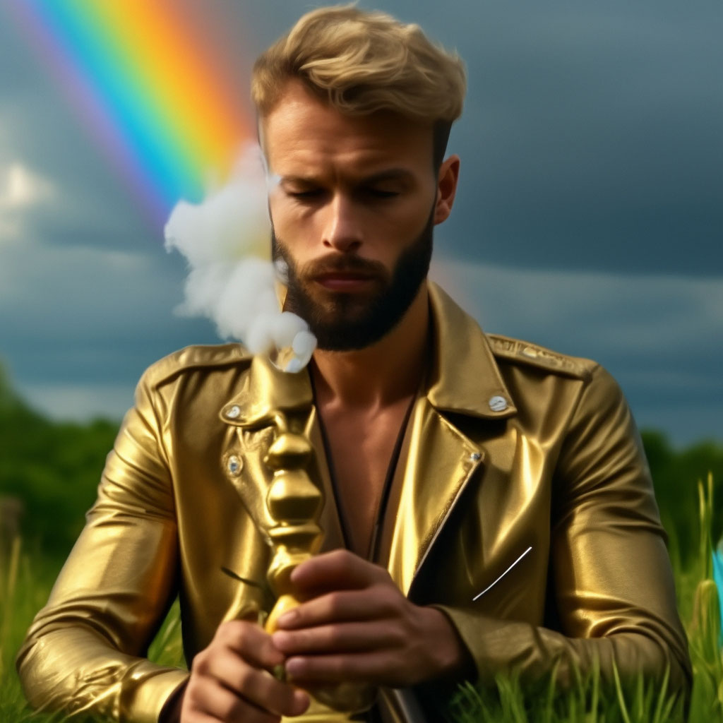 "Max Barsky smokes a golden hookah sitting on the lawn around the grass ...
