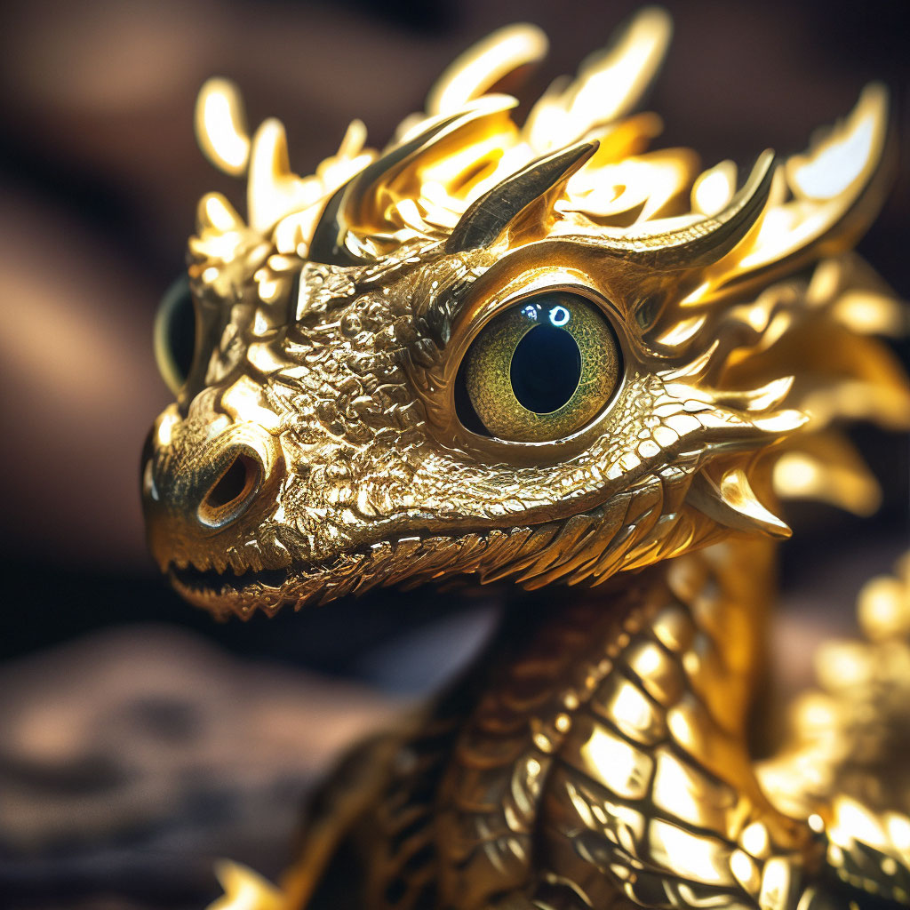 "Tiny golden cute Dragon with beady eyes , photorealism, serpent ...