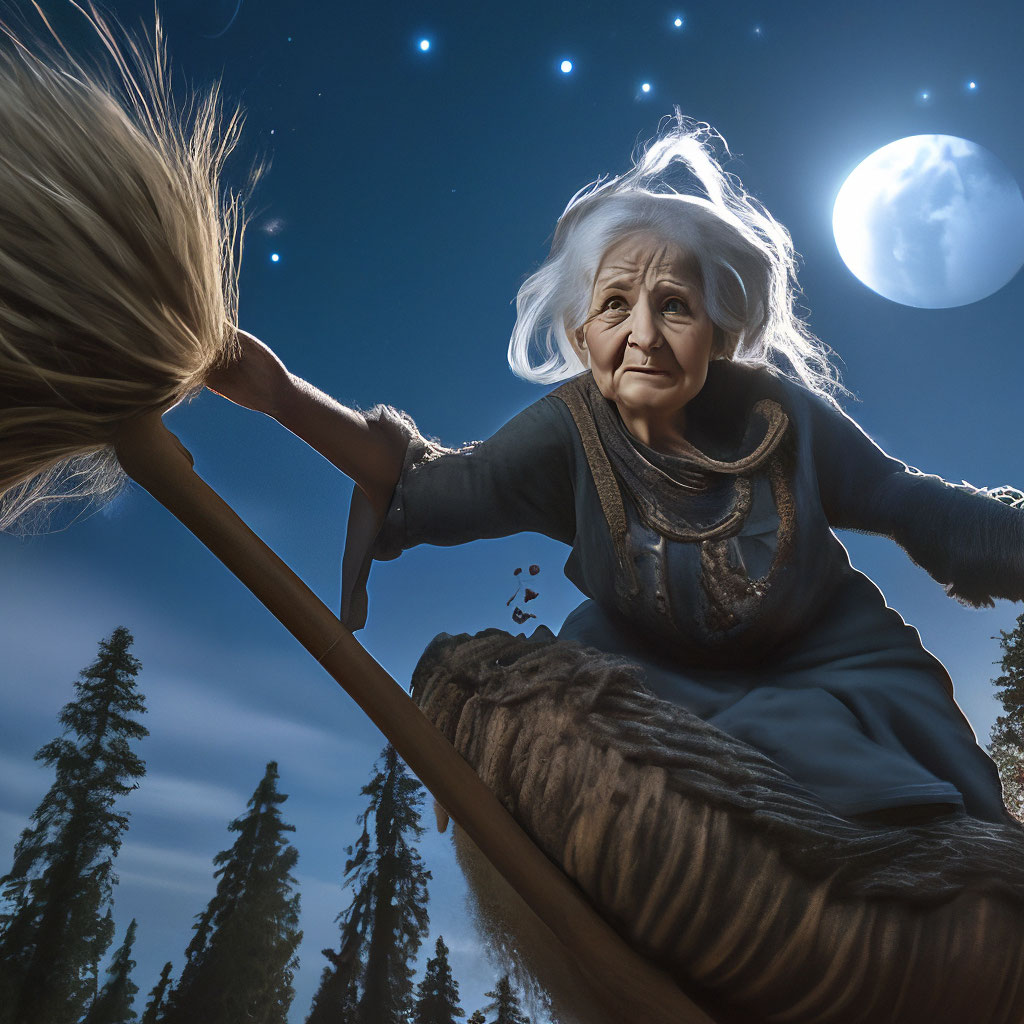 "The decrepit old woman Baba Yaga flies across the sky on a mortar ...