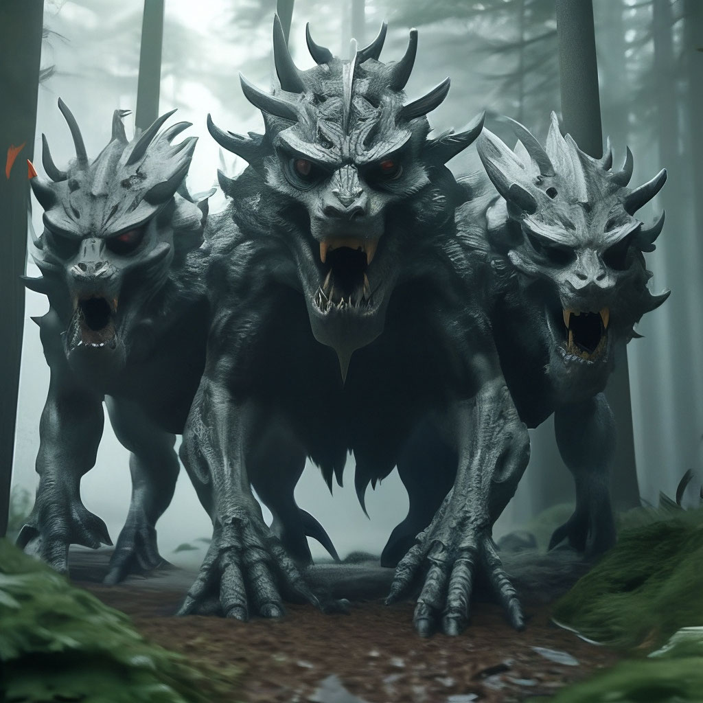 "Huge three-headed monster, forest, gloomy, horror, three heads, one ...