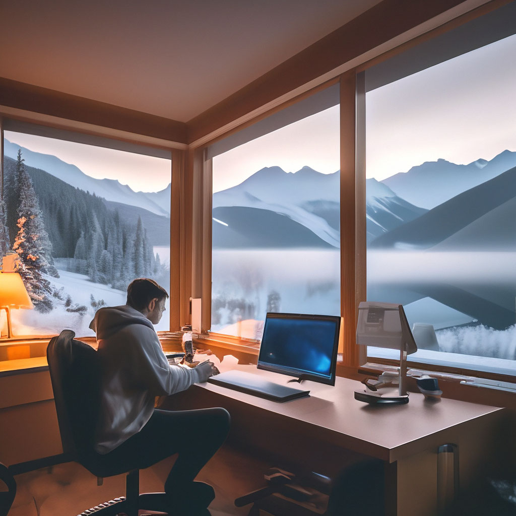 "Cozy room a guy is sitting at a computer desk and typing in a laptop ...