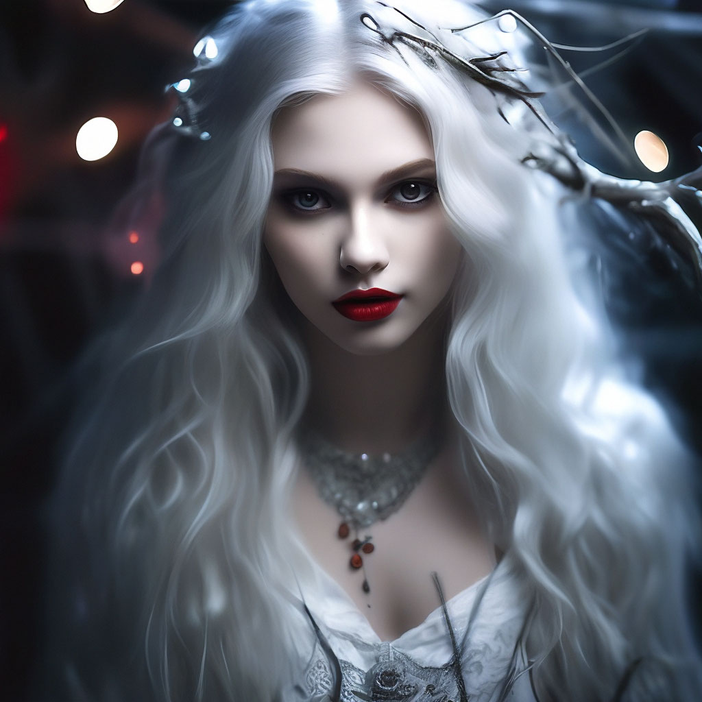 kSap • a girl of unreal beauty, all glowing, smile, white long tangled ...