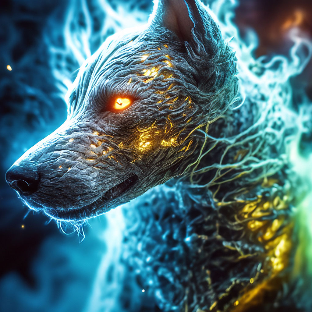 "Mixed by Mad Freeze dog symbiote fractal body glowing eyes ultra ...