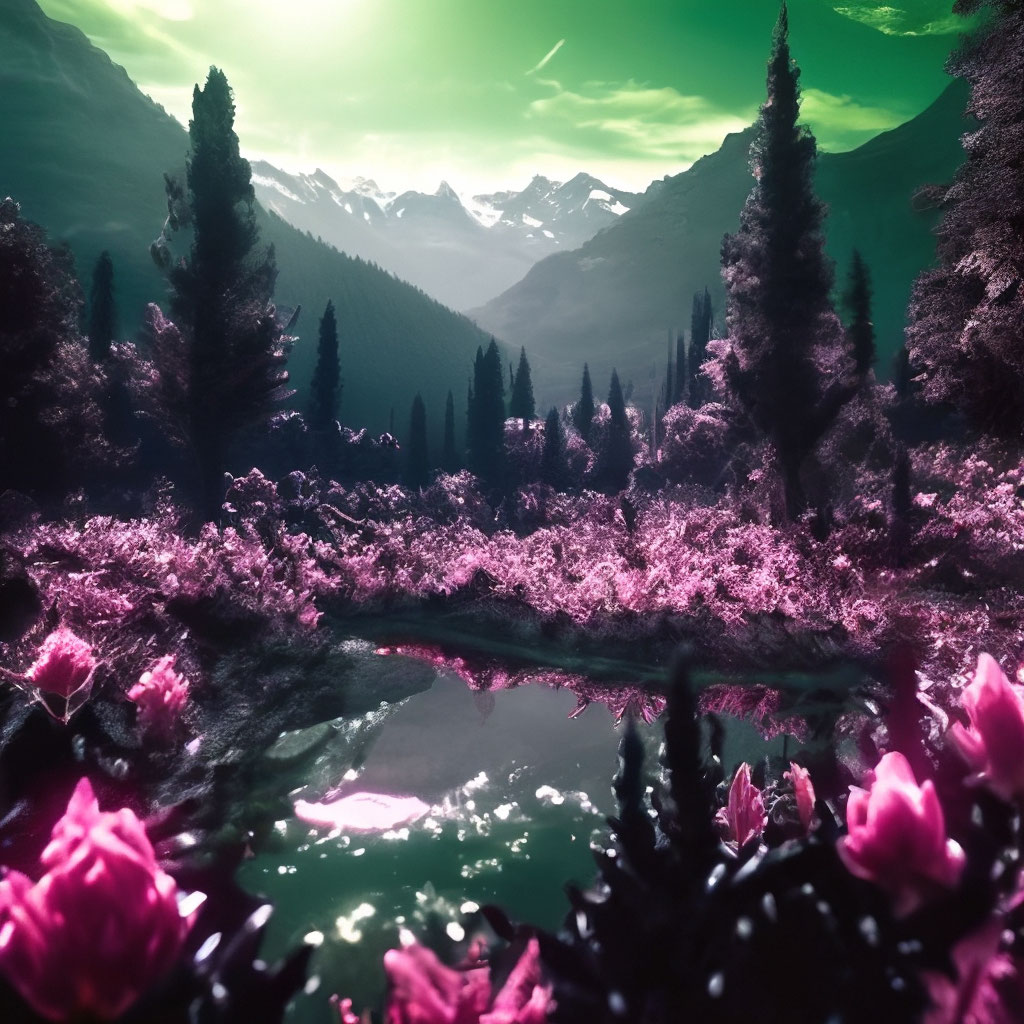 "Gothic, Art Noir, Surrealism - a glade of black lycorises, a lake in ...