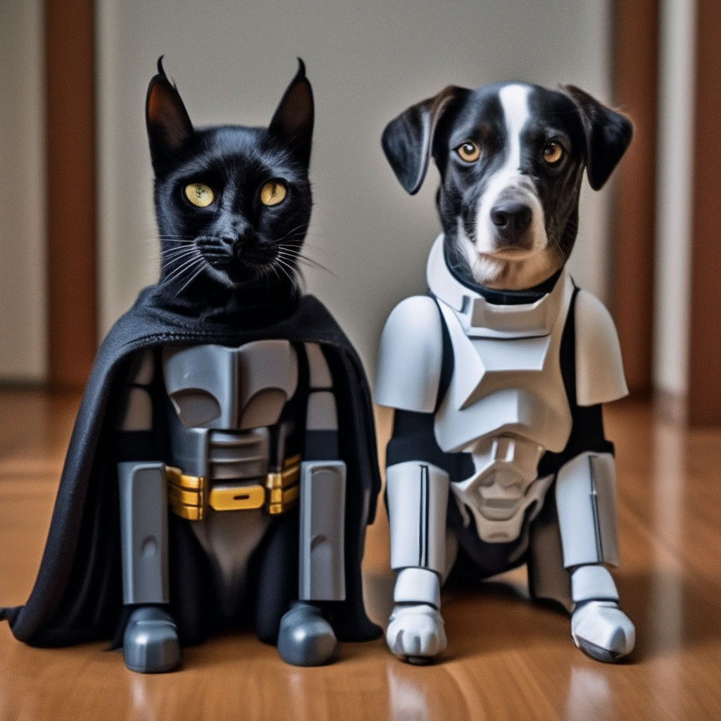 "The Batman cat and the stormtrooper dog" — image created in Shedevrum