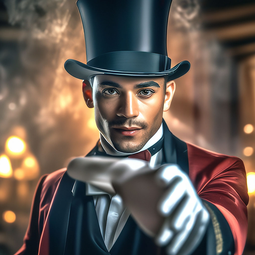 "Male magician, frag, magician, top hat on his head, performs a complex ...