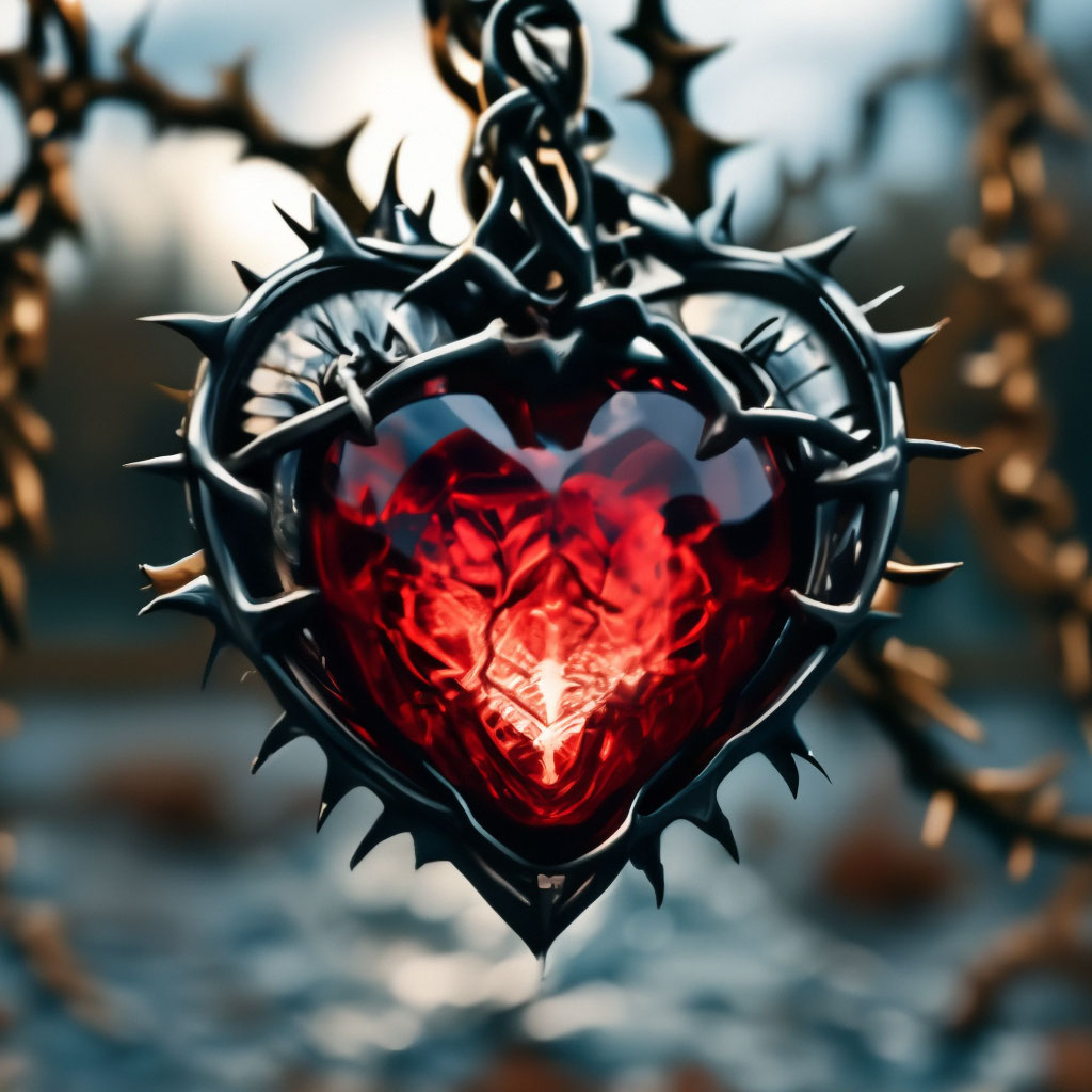 "A heart entwined with thorns in a crystal tear" — image created in ...