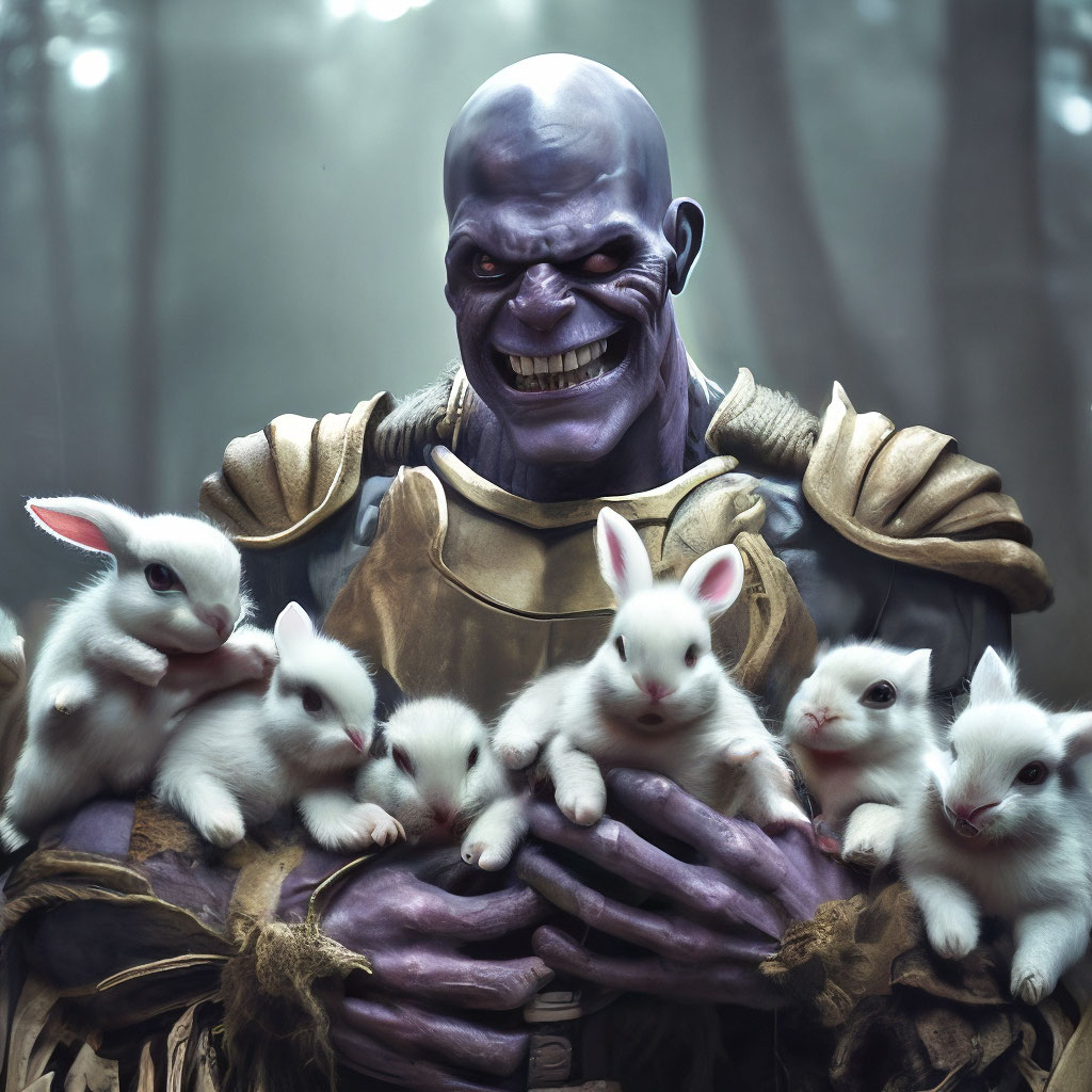 "Charming horror zombie Thanos holds a lot of little bunnies in his ...
