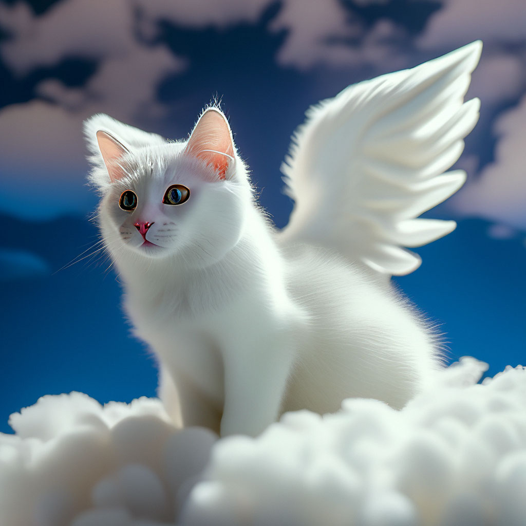 "White cat with angel wings , fluffy clouds, aesthetically pleasing ...