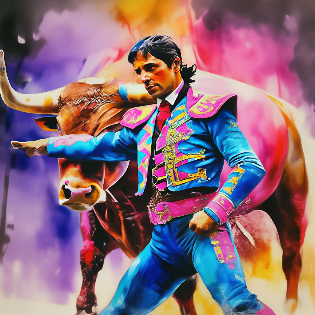 "Bullfighter and bull, grunge, watercolor, drawing, neon" — image ...