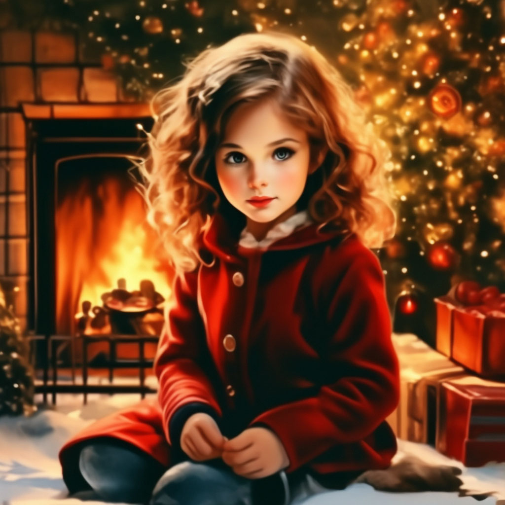 "Vintage christmas card ,watercolor cute girl ,christmas tree,fireplace ...