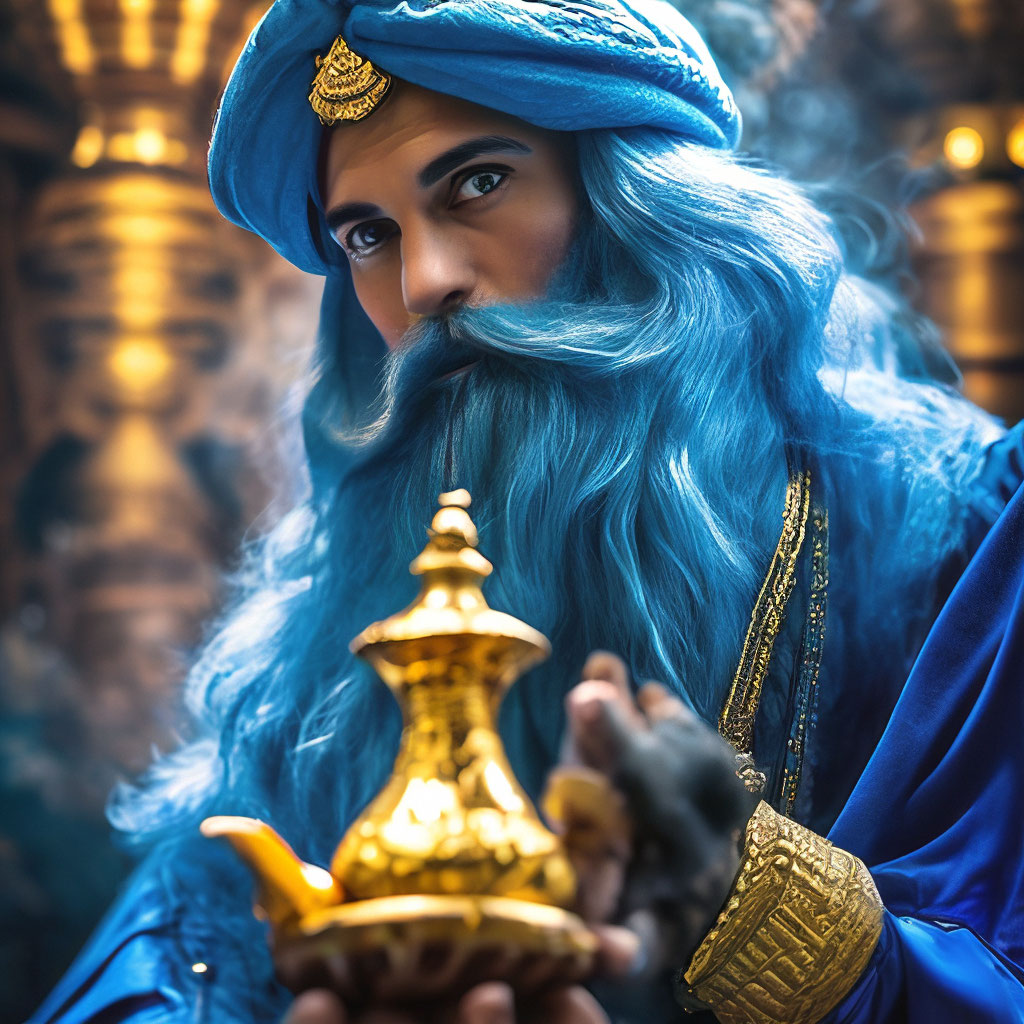 "©Anna P. from Aladdin's lamp on earth, a blue genie man with a long ...