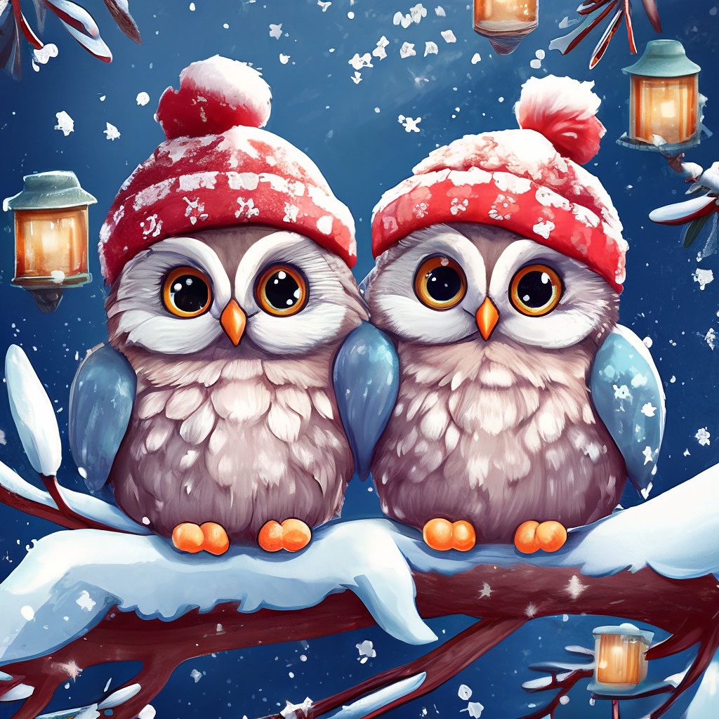 "Cute cartoon owls in hats are sitting on a branch of a snow-covered ...